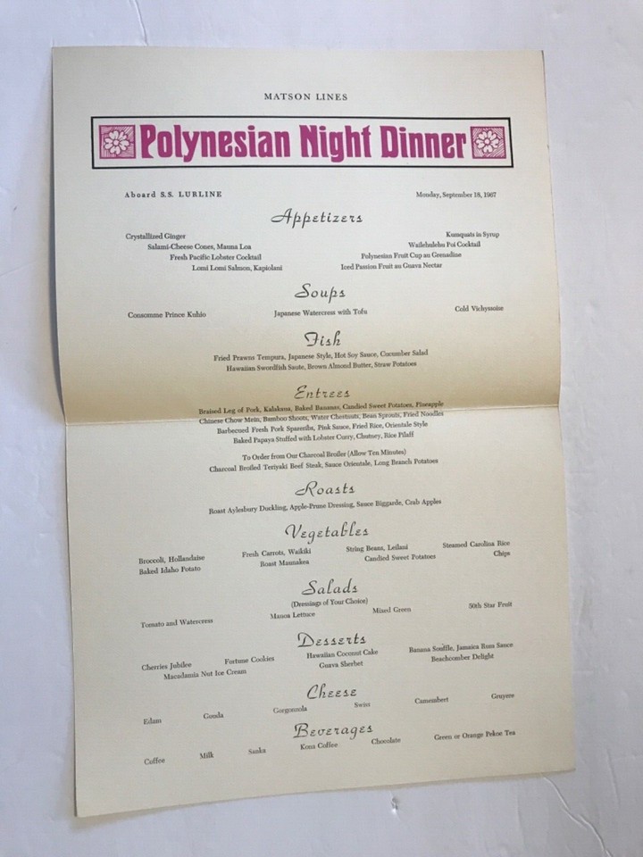 Vintage Matson Line Cruise Ship Menu 1967 Samoa | eBay