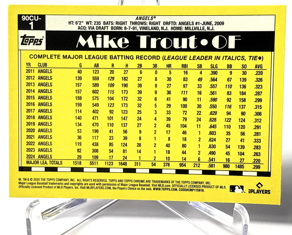 MIKE TROUT 2025 TOPPS CHROME UPDATE '90 TOPPS #90CU-1 LOS ANGELES ...