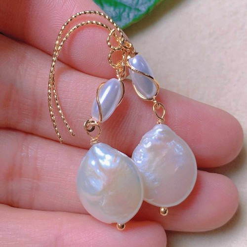 Natural baroque white Pearl ellipse beads gold ear hook Custom Bohemian ...