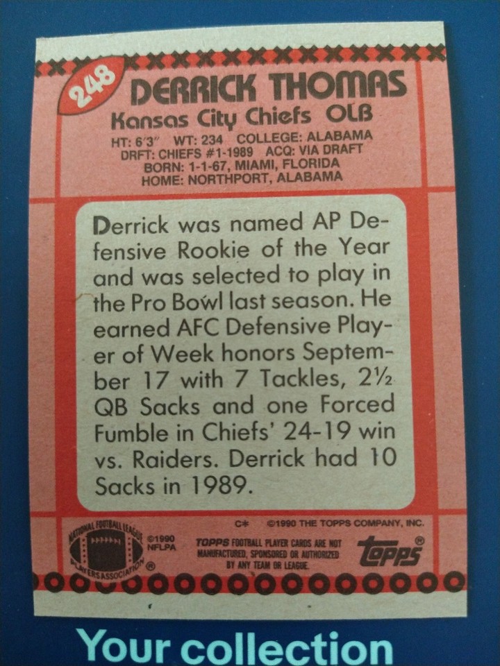1990 Topps Football Disclaimer Back Derrick Thomas #248 Chiefs Rookie ...