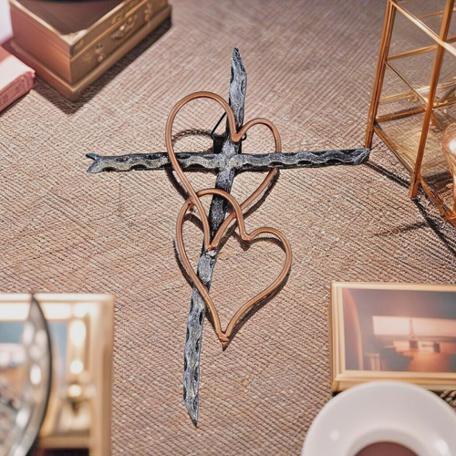 Entwined Hearts Decorative Welded Metal Wall Cross, Two Hearts Joined ...