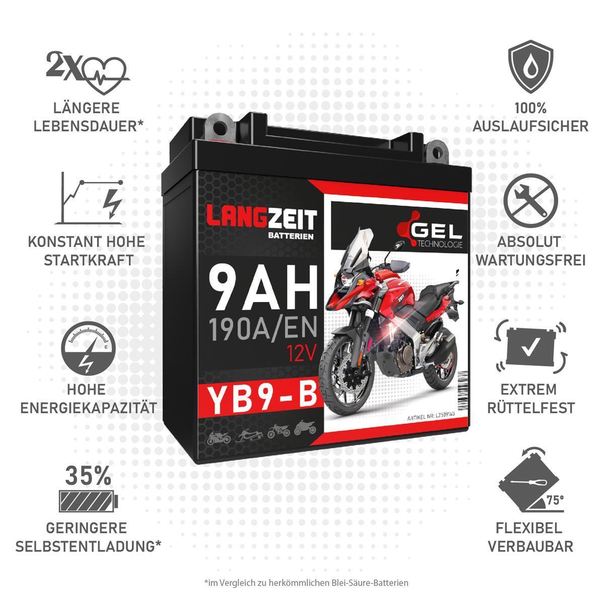 LANGZEIT YB9-B GEL Motorradbatterie 50914 12V 9AH 190A/EN CB9-B EB9-B ...