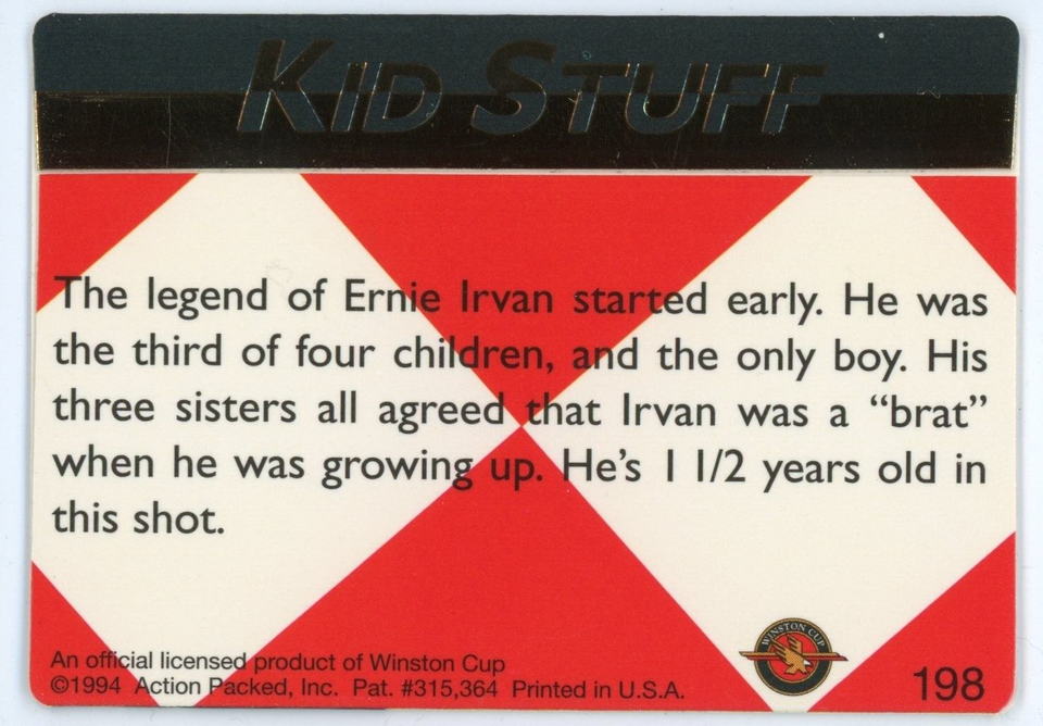 1994 Ernie Irvan Action Packed Salute Card #198 KID STUFF BABY PHOTO | eBay