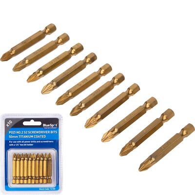 Titanium Bit Set Drill Driver Screwdriver Bits 50mm PZ2 Pozi S2 10pc ...