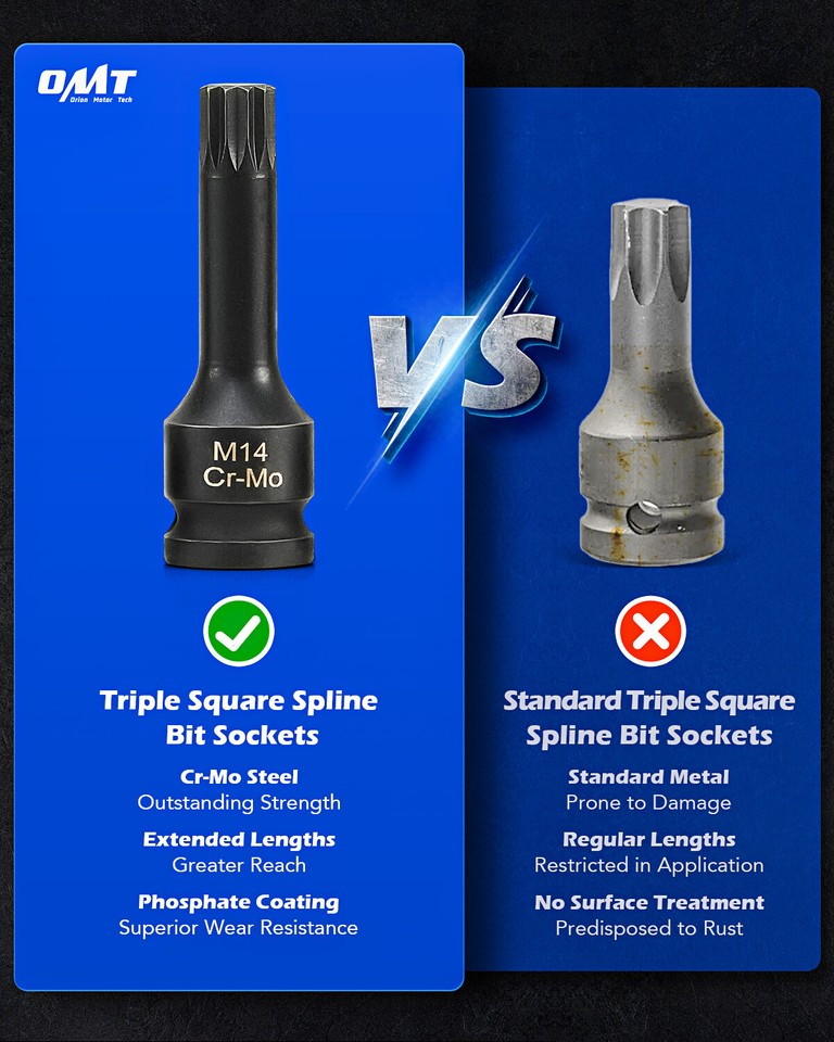 OMT 8pcs Impact XZN Triple Square Spline Bit Socket Set 1/2 In Drive ...