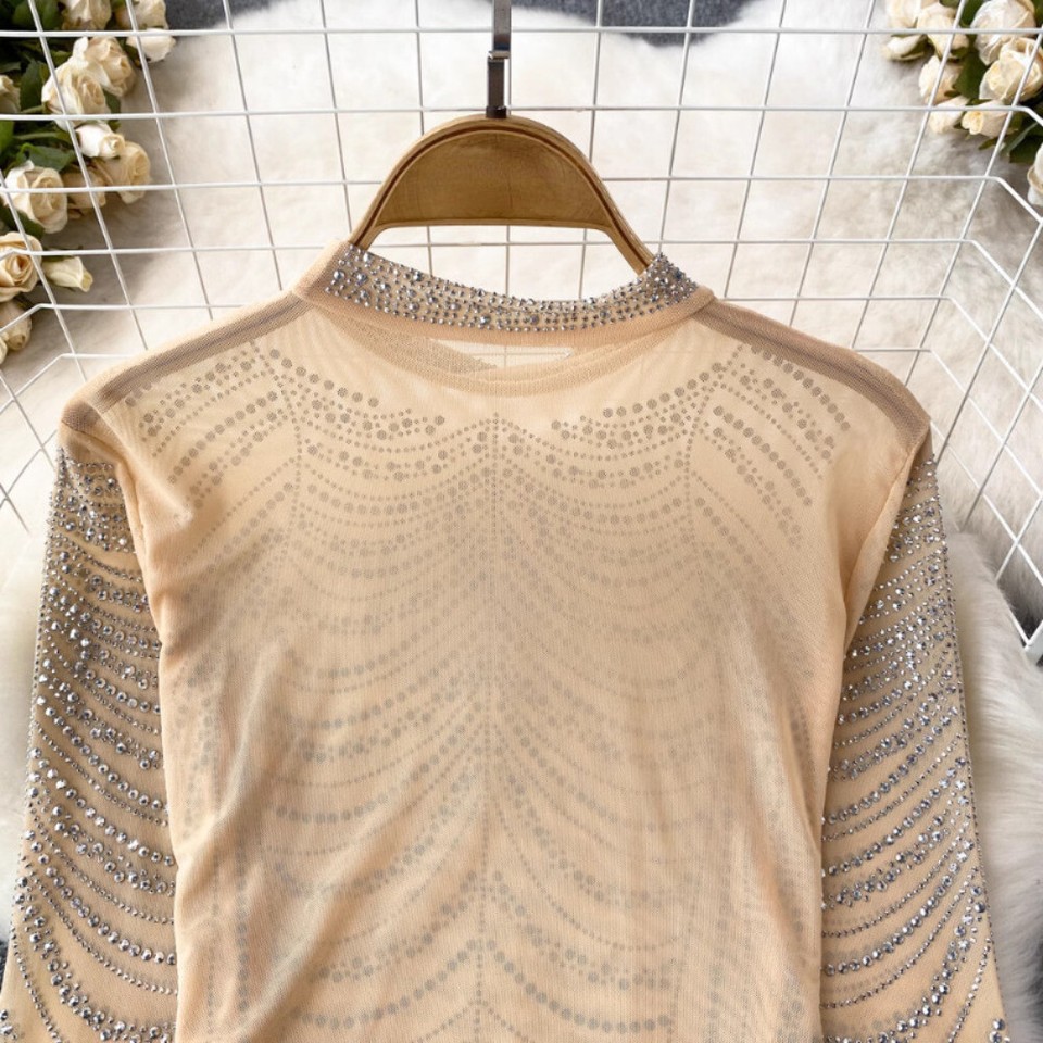 Women Sheer Mesh Crystal Shirts Rhinestone T-shirts Tops Blouse Slim ...