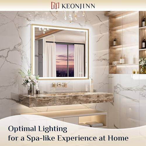 42” x 36” LED Bathroom Mirror with Frontlit & Backlit, Gold Metal ...