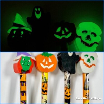 4 Vintage Halloween Pencils Eraser Glow In Dark Jack-O-Lantern Witch ...