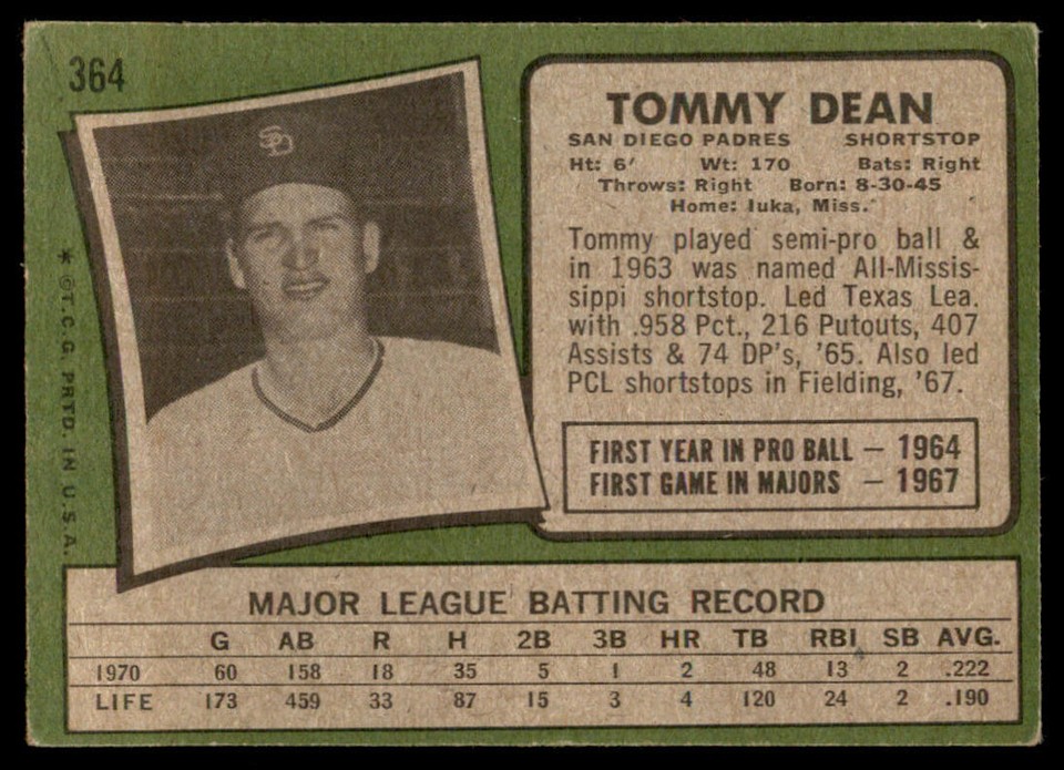 1971 Topps #364 Tommy Dean VG | eBay