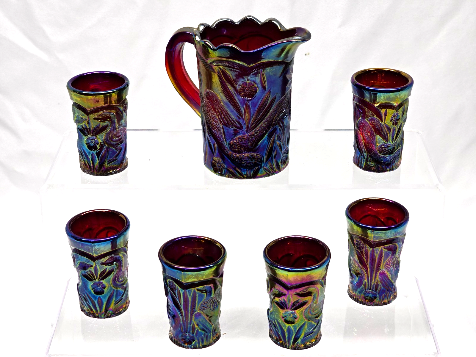 Summit Art Glass Ruby Carnival Stork in Rushes Mini Pitcher & Tumblers ...