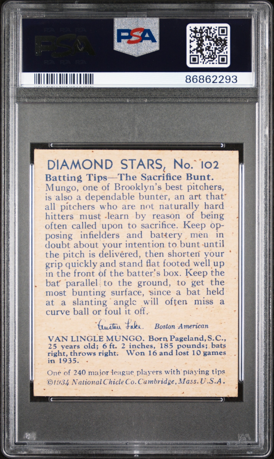 1934-36 National Chicle Diamond Stars - R327 Van Mungo #102 (RC) for ...