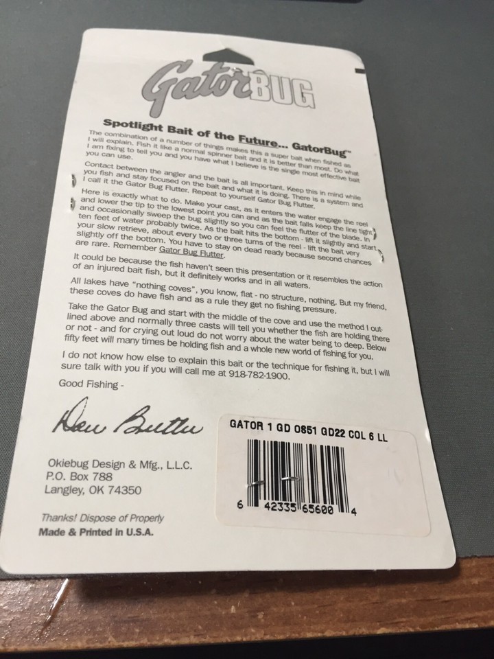 VINTAGE 1 OZ. OKIEBUG GATOR BUG UNDULATING ACTION SPINNERBAIT NIP MADE ...