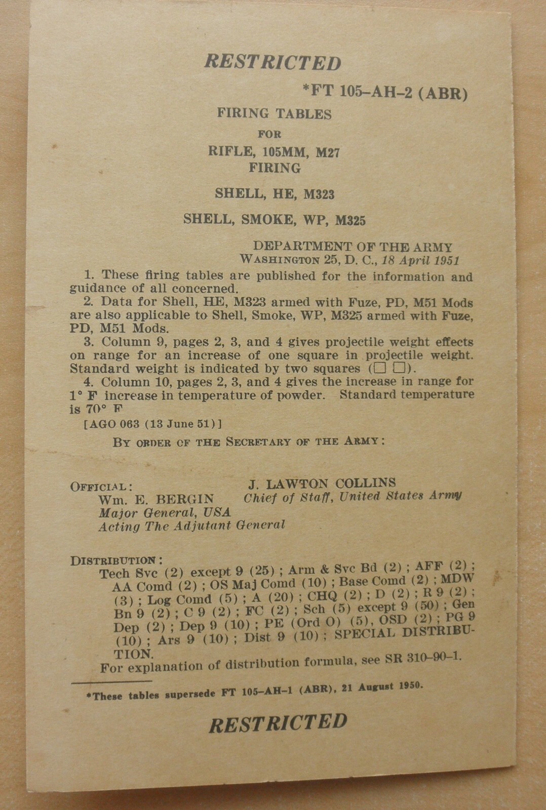 FT 105-AH-2 (ABR) Firing Tables for Rifle, 105mm, M27 | eBay
