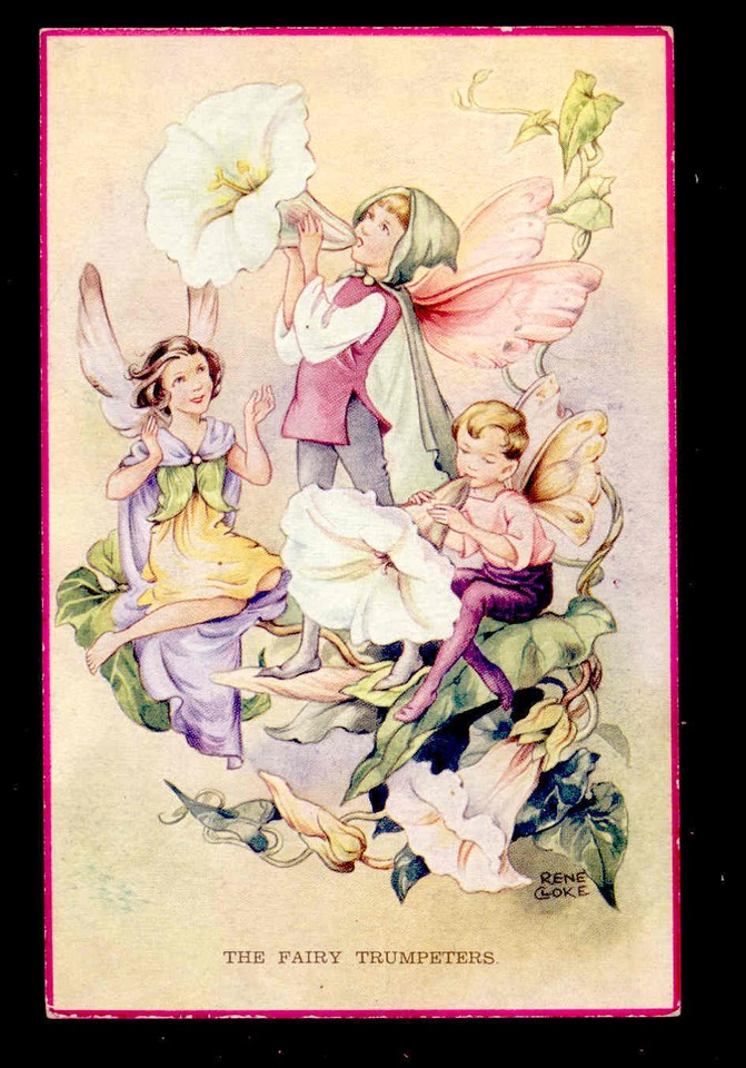 MUSICAL FAIRIES BLOW ON MORNING GLORY FLOWERS,"FAIRY TRUMPETERS" CLOKE ...
