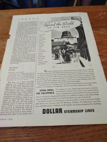 1935 Dollar Steamship Lined Around The World In 110 Day's Magazine Ad ...