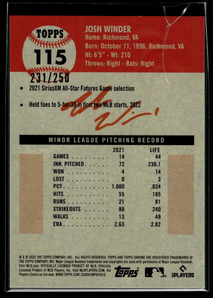 Josh Winder 2022 Topps Chrome Platinum Yellow RayWave Card /250 #115 | eBay