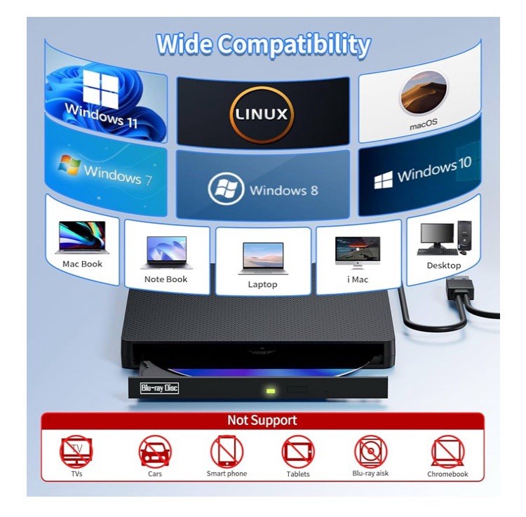 External Bluray Drive USB 3.0 Portable Blu-ray Reader 3D CD/DVD Burner ...