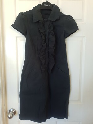 CUE Black Button Down Collar Ruffle Pockets Dress Size 8 Made In ...