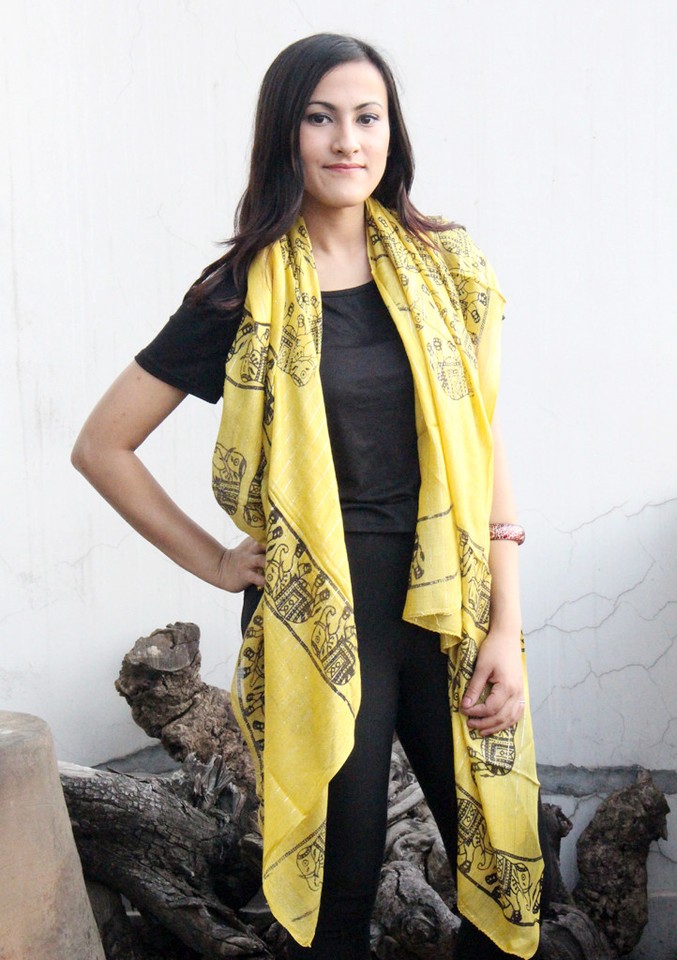 Elephant Print Yellow Cotton Jari Shawl/Scarf | eBay
