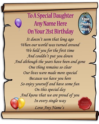 Personalised Photo & Name Daughter 21st Birthday Poem Laminated 10x8 ...