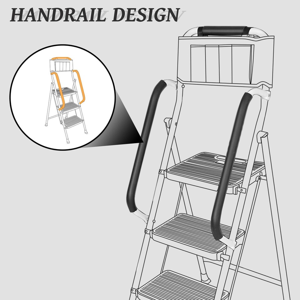 3 Step Ladder Handrails 500 lbs Folding Step Stool Ladder, Wide Non ...