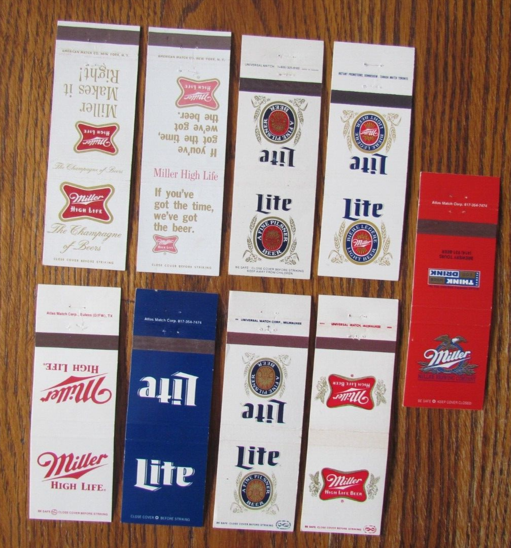 MILLER LITE BEER & BREWING CO. 9 MATCHBOOK MATCHCOVERS (MILWAUKEE ...