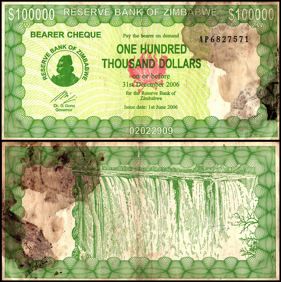 Zimbabwe 100000 Dollars Bearer Cheque, 2006, P-32, Damaged | eBay