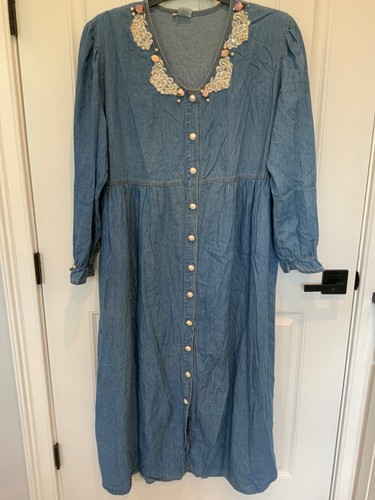 Vintage BINGO BINGO Womens Plus Size 1X Blue Denim Lace & Pearls Maxi ...