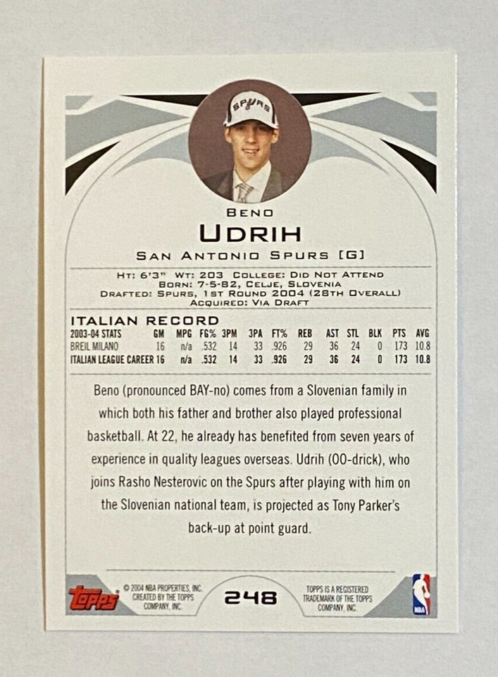 2004-05 Topps Basketball Rookie Card #248 Beno Udrih San Antonio Spurs ...