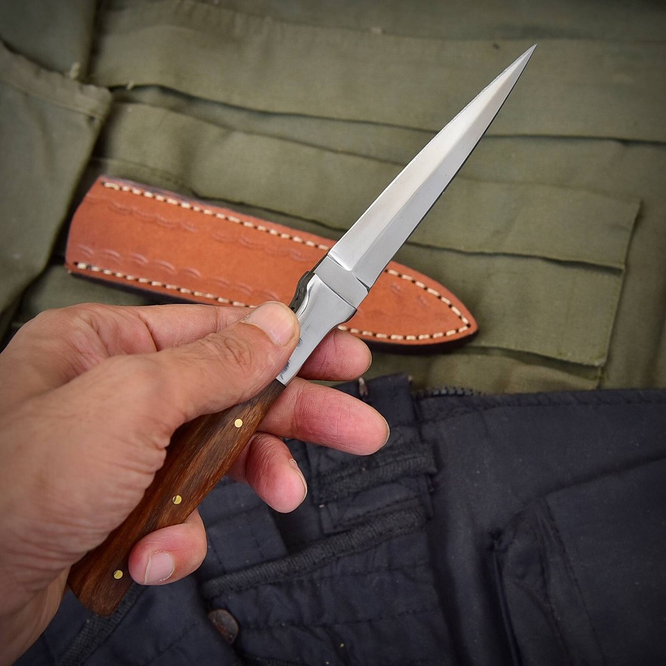 Slim Boot Fixed Knife 4" Double Edge D2 Steel Dagger Blade Wood Handle ...