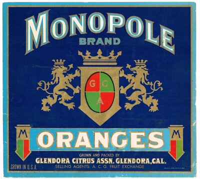 ORIGINAL C1930S CRATE LABEL MONOPOLE GLENDORA AZUSA COVINA SCARCE ...