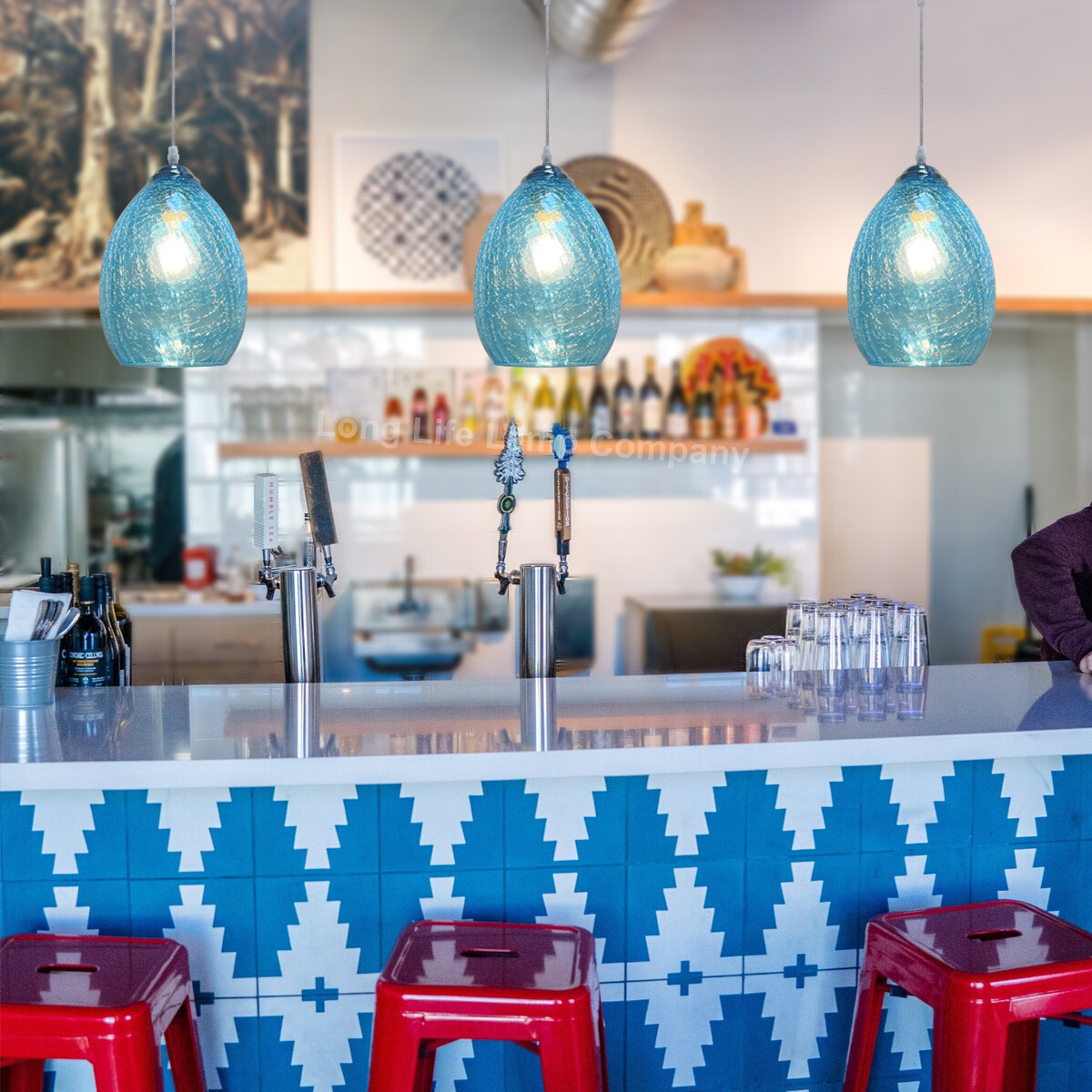 Modern Crackled Blue Glass Shade Chandelier Pendant Ceiling Pub Dine ...