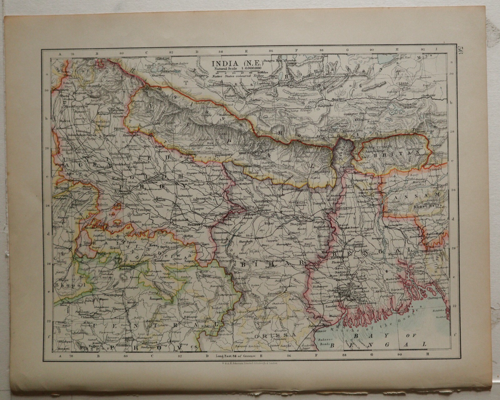 1916 ANTIQUE MAP - NORTH EAST INDIA NEPAL BIHAR BENGAL OUDH BHUTAN ...