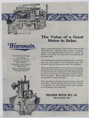 Circa 1920 Wisconsin Motor Mfg. Co. Ad: Front & Side Cutaway View of ...
