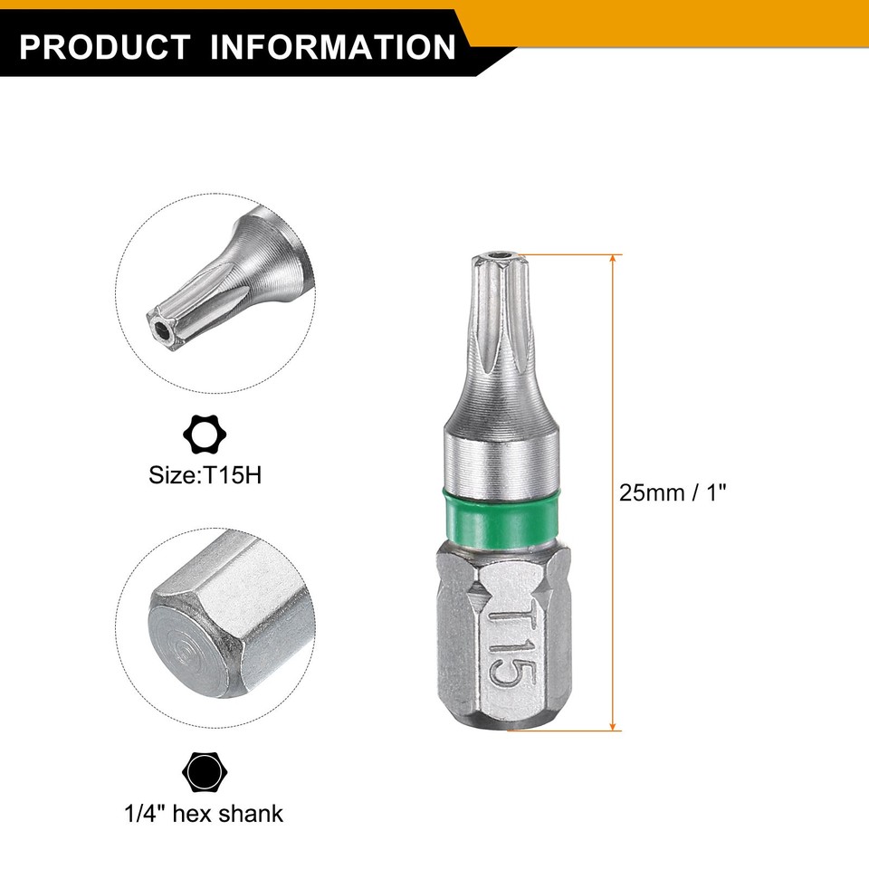 5pcs T15H Magnetic Torx Screwdriver Bits 1/4" Hex Shank 1" Length S2 ...