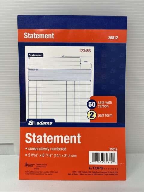 Abf25812 Adams Statement Book 2-part With Carbon 50 Set/book 12 Box ...