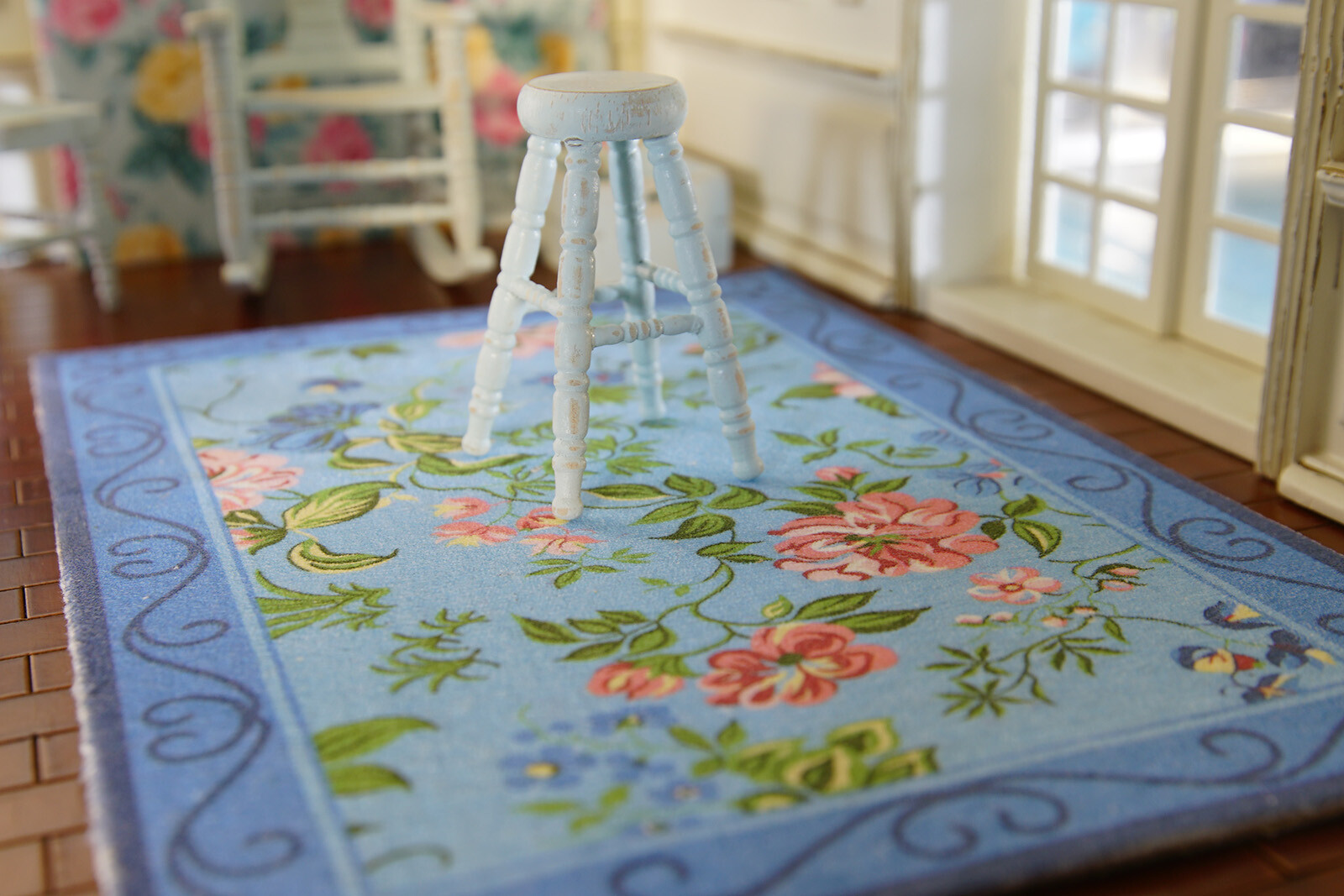 Beautiful Blue Dollhouse Rug French Country Theme Floral Green Leaves 1 ...