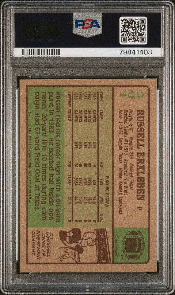 1984 TOPPS #301 RUSSELL ERXLEBEN PSA 9 MINT NEW ORLEANS SAINTS | eBay