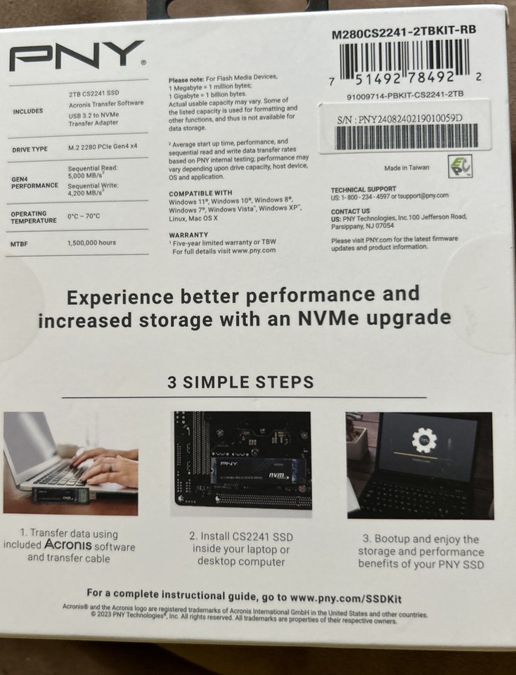PNY 2TB M.2 NVMe Gen4 x4 Internal SSD Upgrade Kit with Transfer Adapter ...