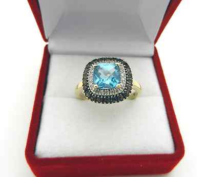 EMA signed Solid 10k Yellow Gold Double HALO Style Blue Topaz Diamond ...