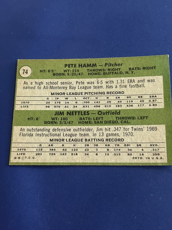 1971 Topps #74 Pete Hamm/Jim Nettles Twins Rookies Near Mint RC Rookie ...