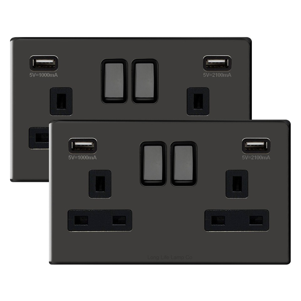 Double Wall Plug Socket 2 Gang 13A with 2 USB Ports Screwless Slim Flat ...