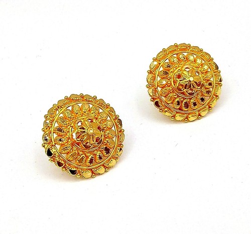 22K YELLOW GOLD STUD HANDMADE ROUND EARRING TOPS INDIAN WOMEN JEWELRY ...