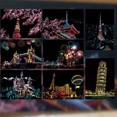 20X14cm Rainbow Scratch Art Painting Paper Kid Adult DIY Night City ...