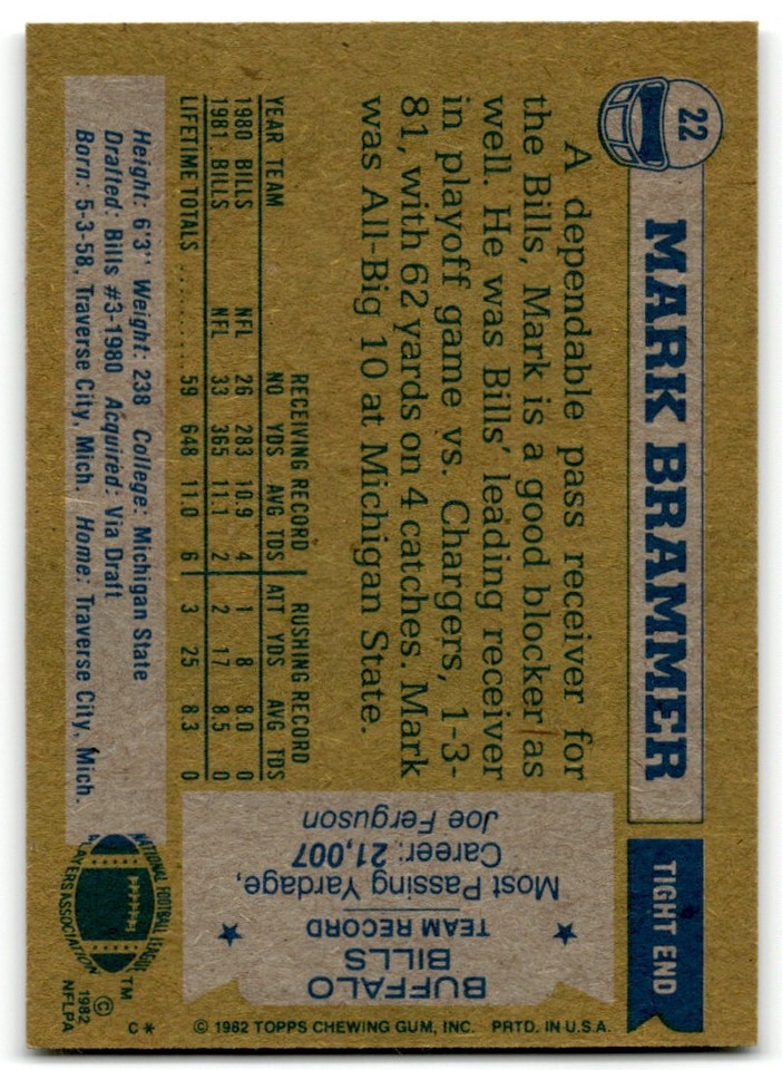 1982 Topps Mark Brammer Buffalo Bills #22 | eBay
