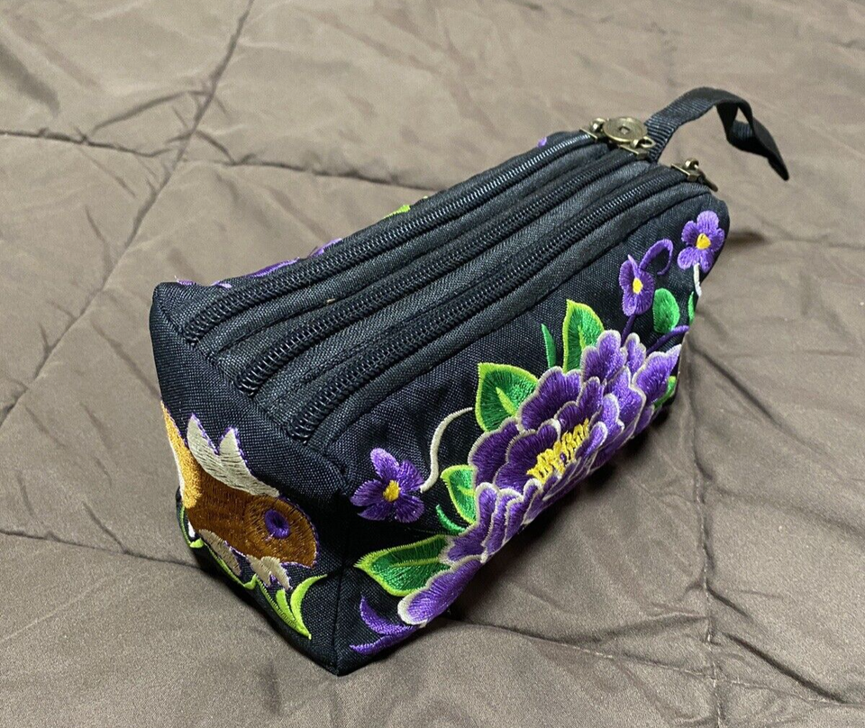 Embroidered 3 Zip Pockets - Black Canvas Purple Floral - Makeup ...