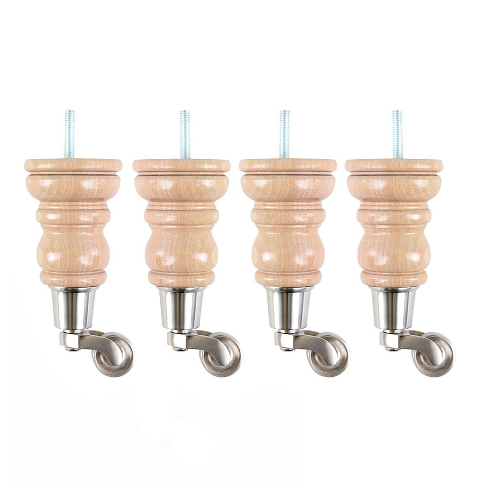 4 Wooden Legs with castors for sofa chair footstool replacement castor ...
