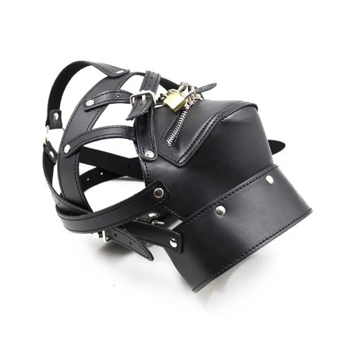 PU leather Head Hood Harness Lockable Mouth Zipper Mask Padlock BDSM ...