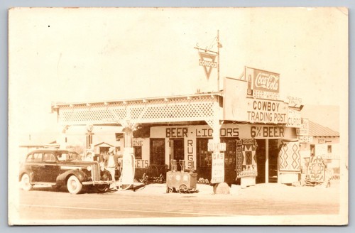 Vintage RPPC Cowboy Trading Post Postcard 1930s Gas Station Scene | eBay