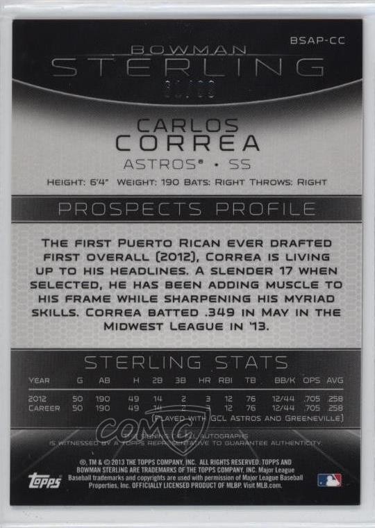 2013 Bowman Sterling Prospect Ruby Refractor /99 Carlos Correa #BSAP-CC ...
